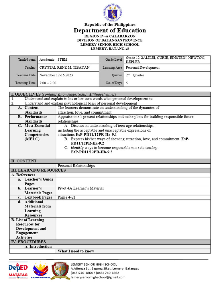 DLL Perdev Personal Relationships | PDF | Love | Intimate Relationships