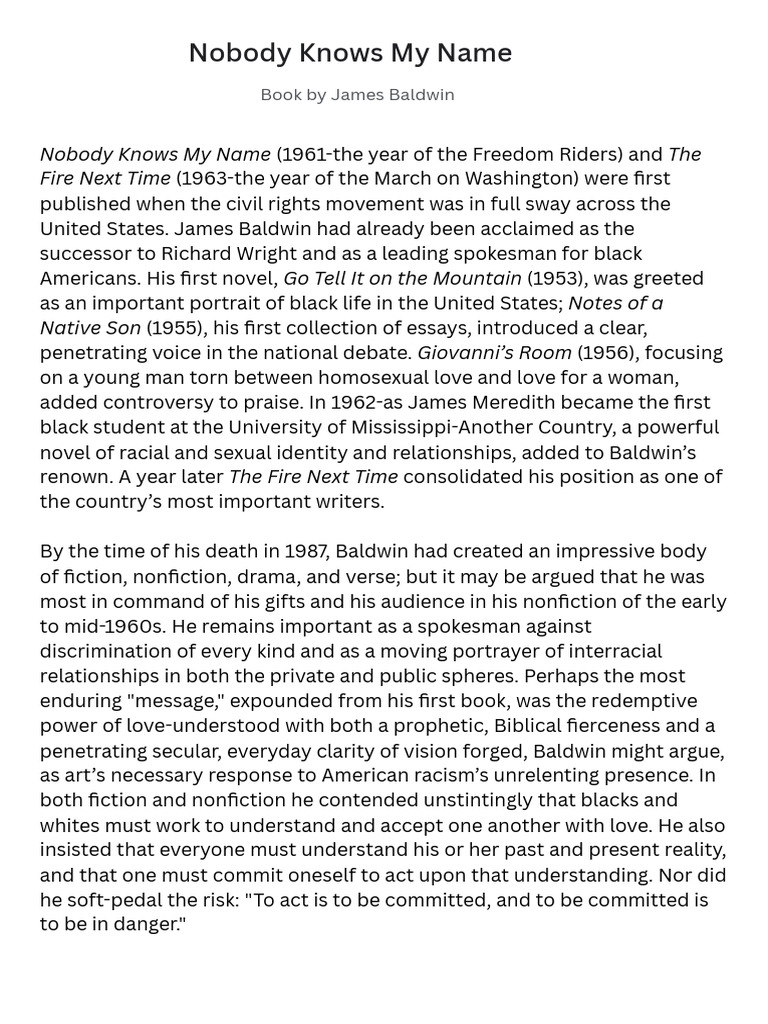 Baldwin's "Nobody Knows My Name" Overview | PDF