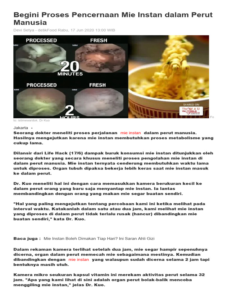 Begini Proses Pencernaan Mie Instan Dalam Perut Manusia | PDF