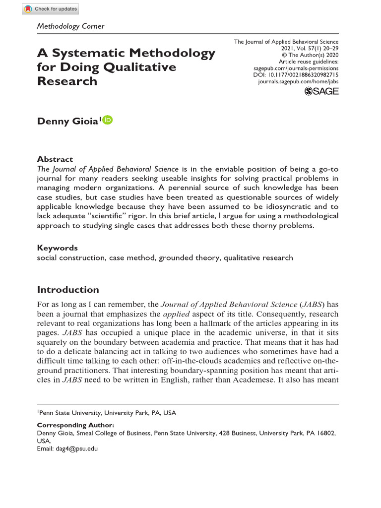 Gioia 2020 A Systematic Methodology For Doing Qualitative Research ...