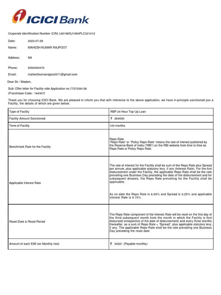 ICICI 24-Hour Top-Up Loan Offer Letter | PDF | Loans | Mortgage Loan