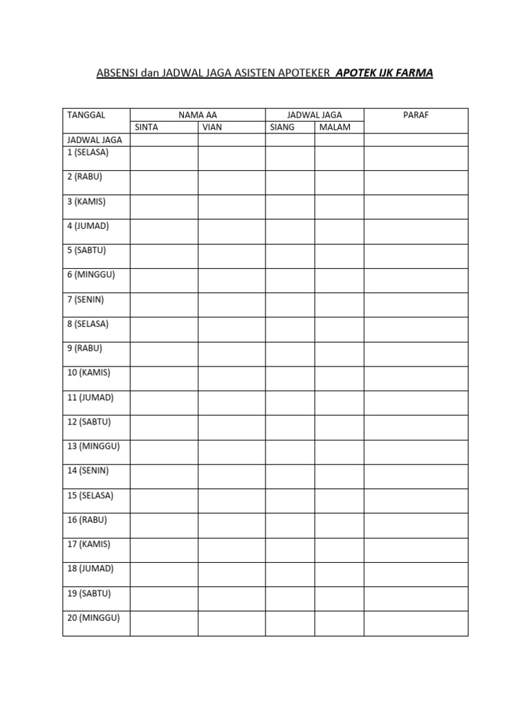 Absensi Dan Jadwal Jaga Asisten Apoteker Apotek Ijk Farma | PDF