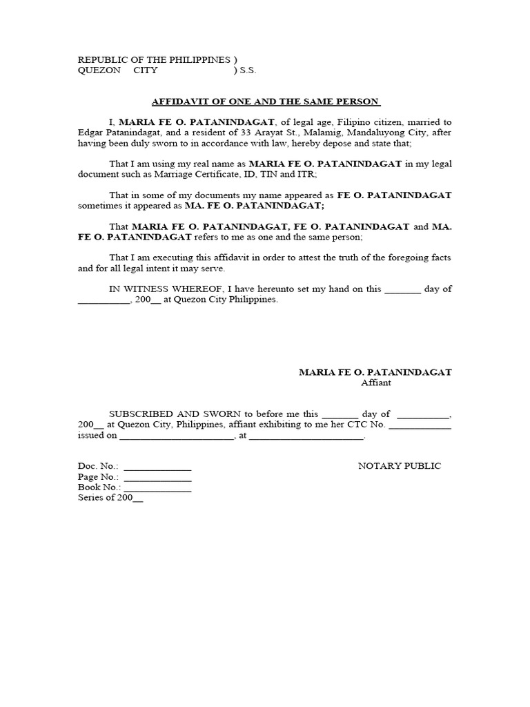 Affidavit of Discrepancy of Name Maria Fe | PDF | Affidavit | Document