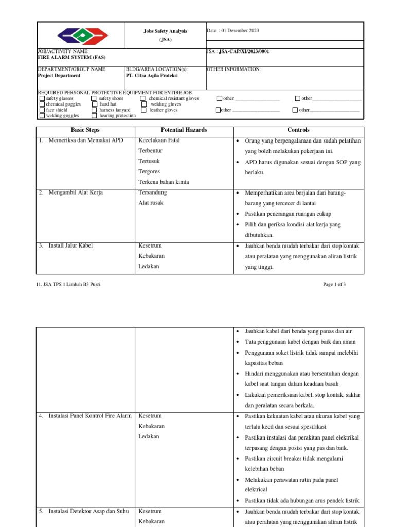 Basic Steps Potential Hazards Controls: Jobs Safety Analysis (JSA) | PDF