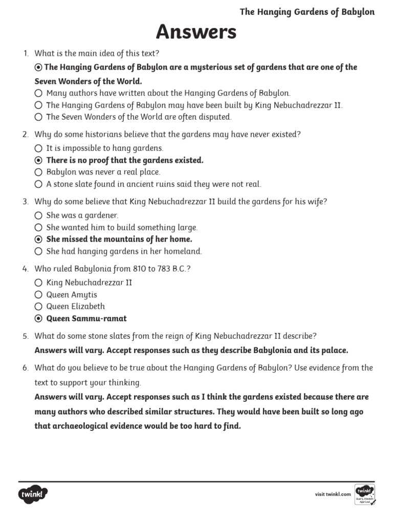 Hanging Gardens of Babylon Reading Comprehension Answer Key | PDF ...