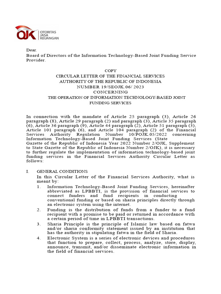 SEOJK - 2023-19 - Penyelenggaraan LPBBTI - Final English Translation ...