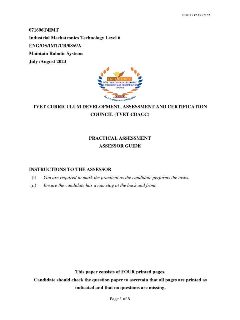 6-Industrial Mechatronics Technology-1690357025.Assessor Practical Maintain Robotic System | PDF ...