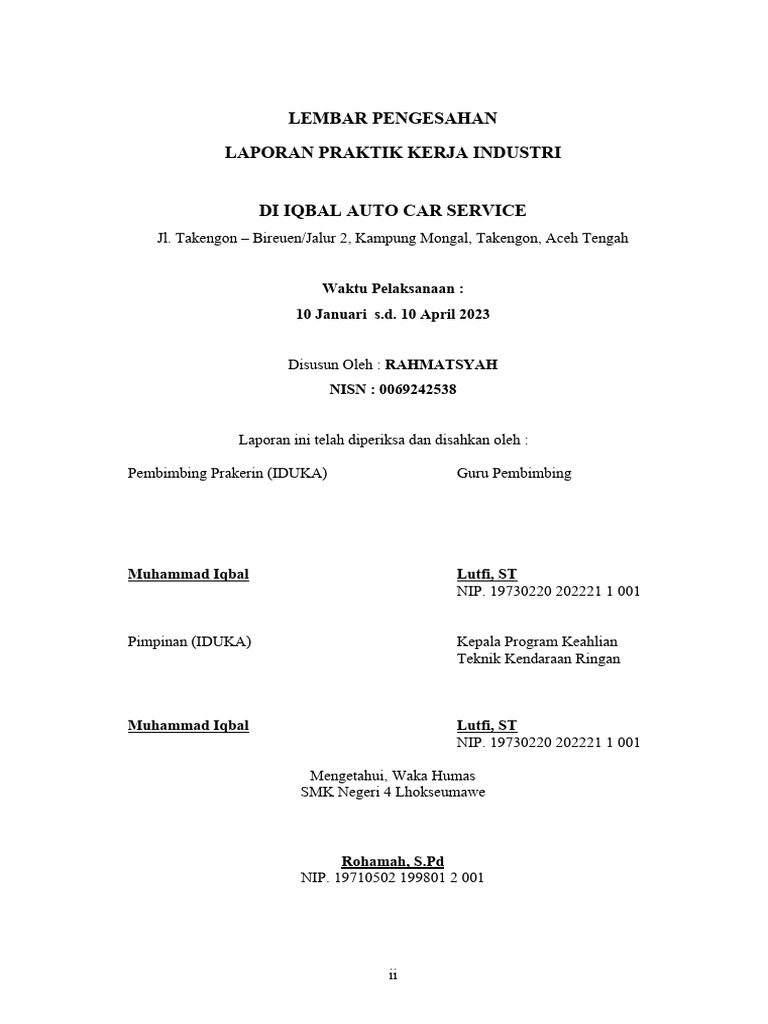Laporan Prakerin TKR 2023 Daftar Isi | PDF | Bisnis | Teknologi & Rekayasa