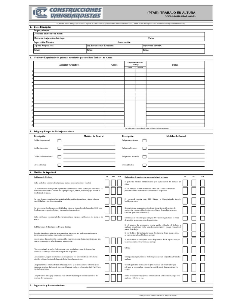 COVA-SSOMA-PTAR-001-23 - Trabajo en Altura - Edic - 01 | PDF