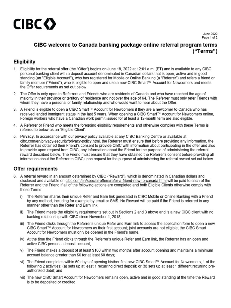 CIBC Canada Referral Program Terms | PDF | Banks | Business