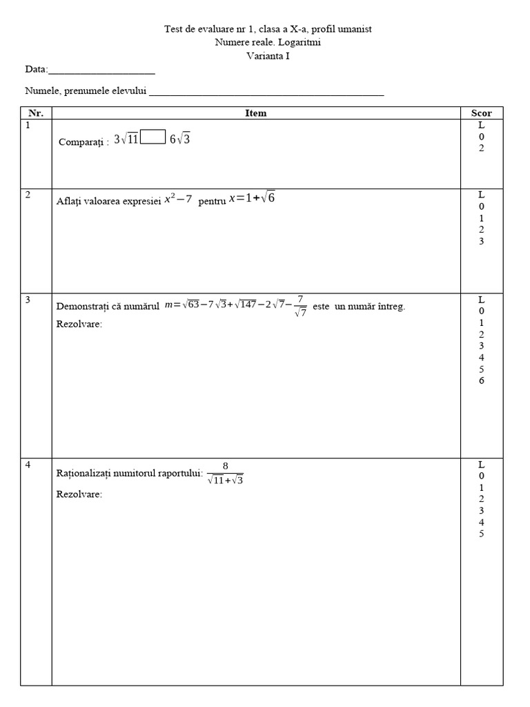 Test 1 CL 10 U Numere Reale. Logaritmi | PDF