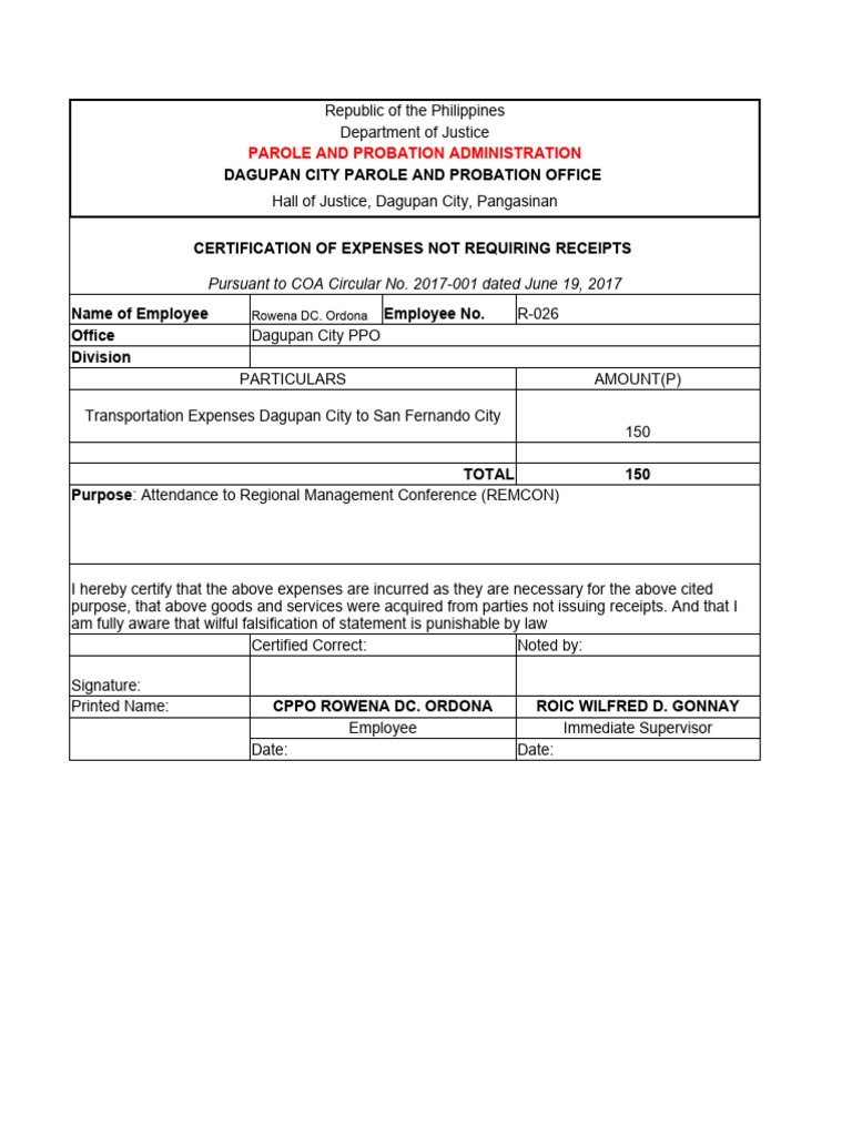 Certifcation of Expenses Not Requiring Receipts | PDF