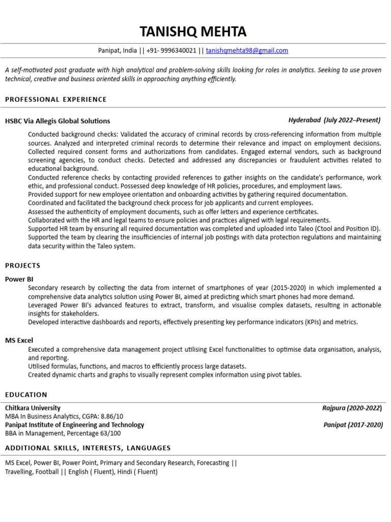 Tanish Mehta Resume | PDF | Background Check | Information Science