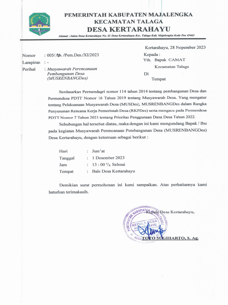 Undangan Musrenbang Desa Kertarahayu | PDF