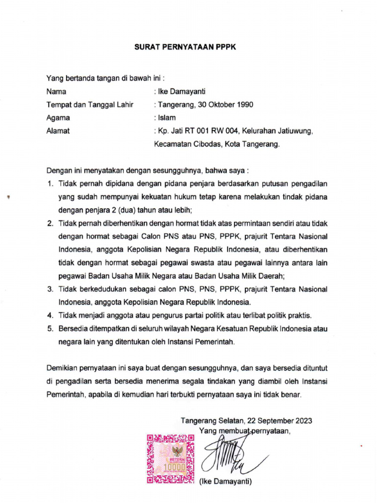 Surat Pernyataan PPPK Ematerai | PDF