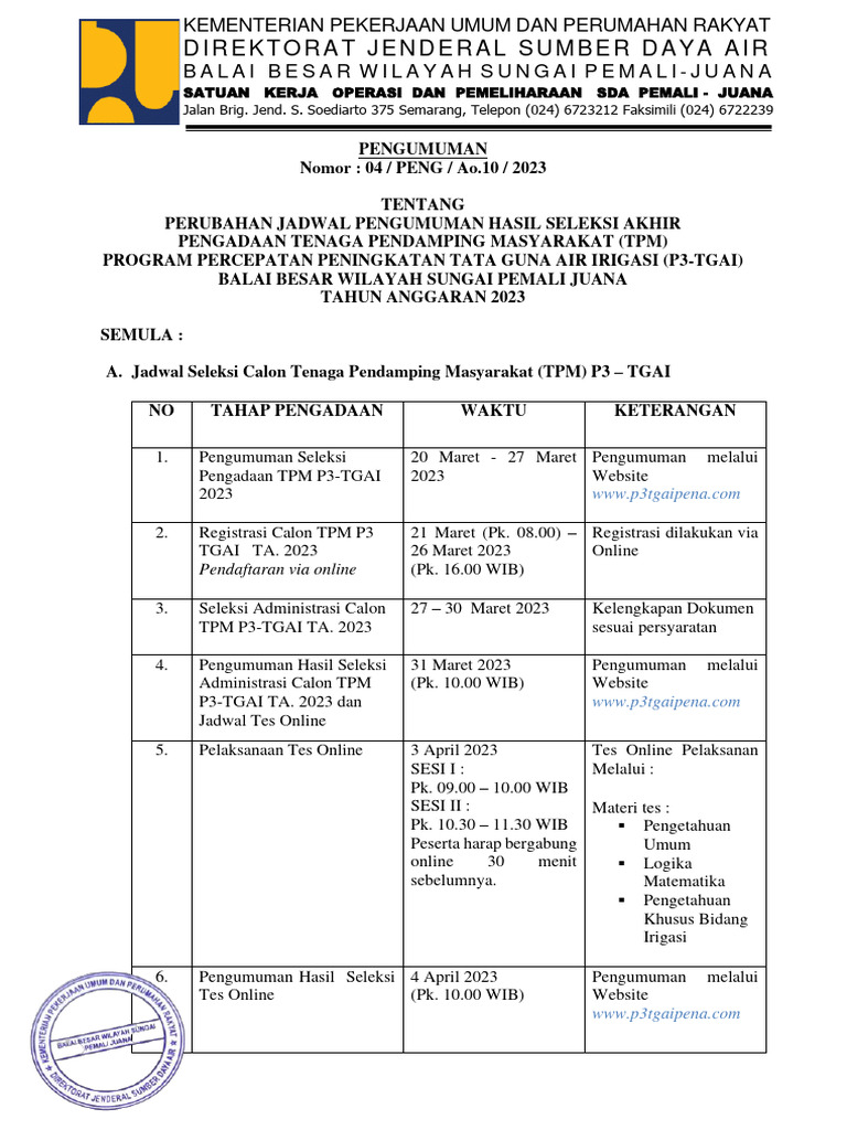 Perubahan Pengumuman Perubahan Jadwal Selksi TPM 2023-1-3 | PDF