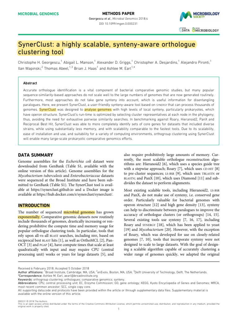 SynerClust - A Highly Scalable, Synteny-Aware Orthologue Clustering ...