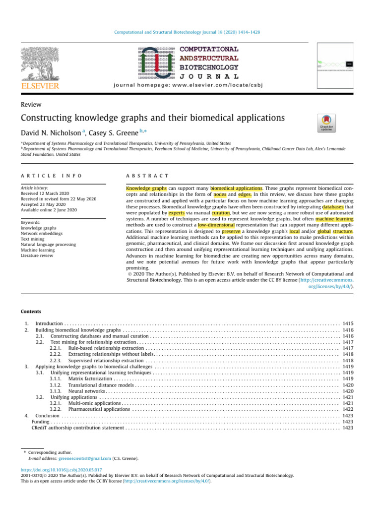 Constructing Knowledge Graphs and Their Biomedical Applications | PDF | Protein–Protein ...