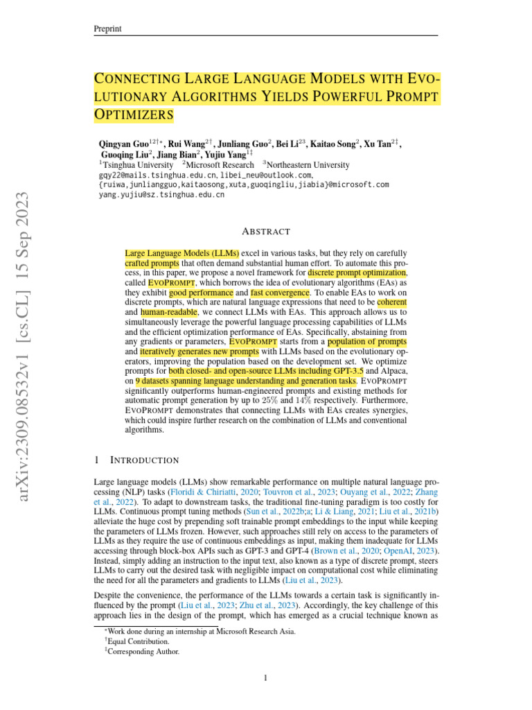 Connecting Large Language Models With Evolutionary Algorithms Yields Powerful Prompt | PDF ...