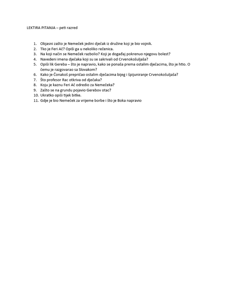 Pitanja Lektira - 6. I 7. Razred | PDF