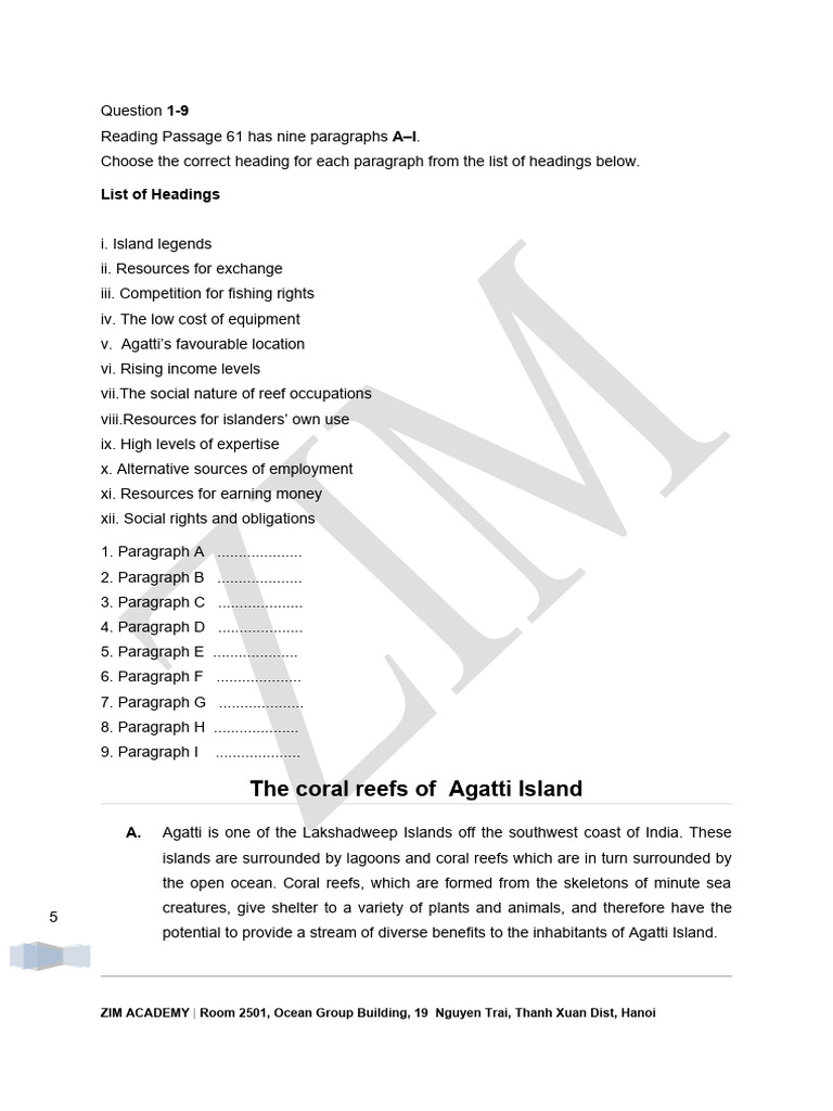IELTS Academic Reading Sample 61 - The Coral Reefs of Agatti Island | PDF | Coral Reef | Sea