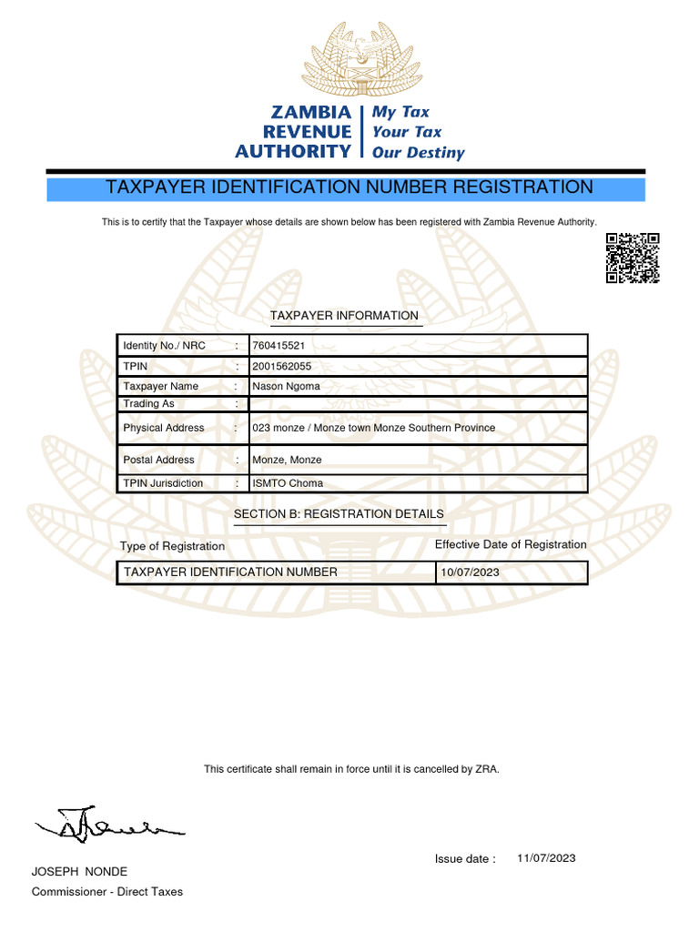 Taxpayer Identification Registration Certificate | PDF | Finance ...