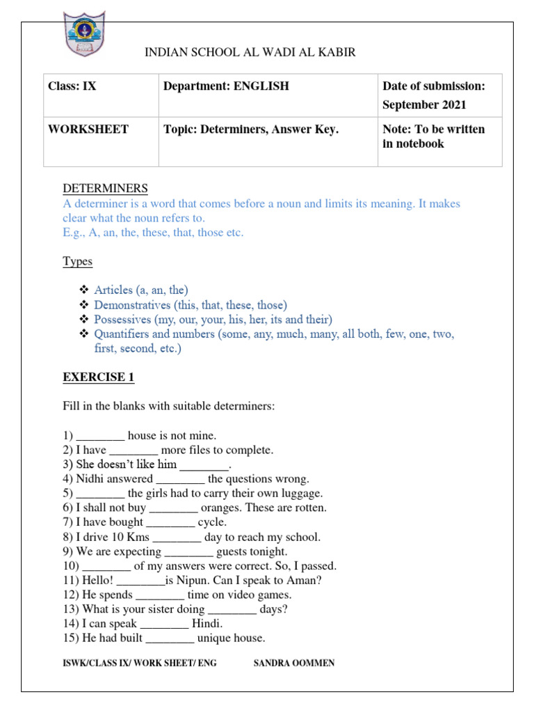 4201233-Answe Key Determiners Worksheet 2021-22 | PDF | Linguistics ...