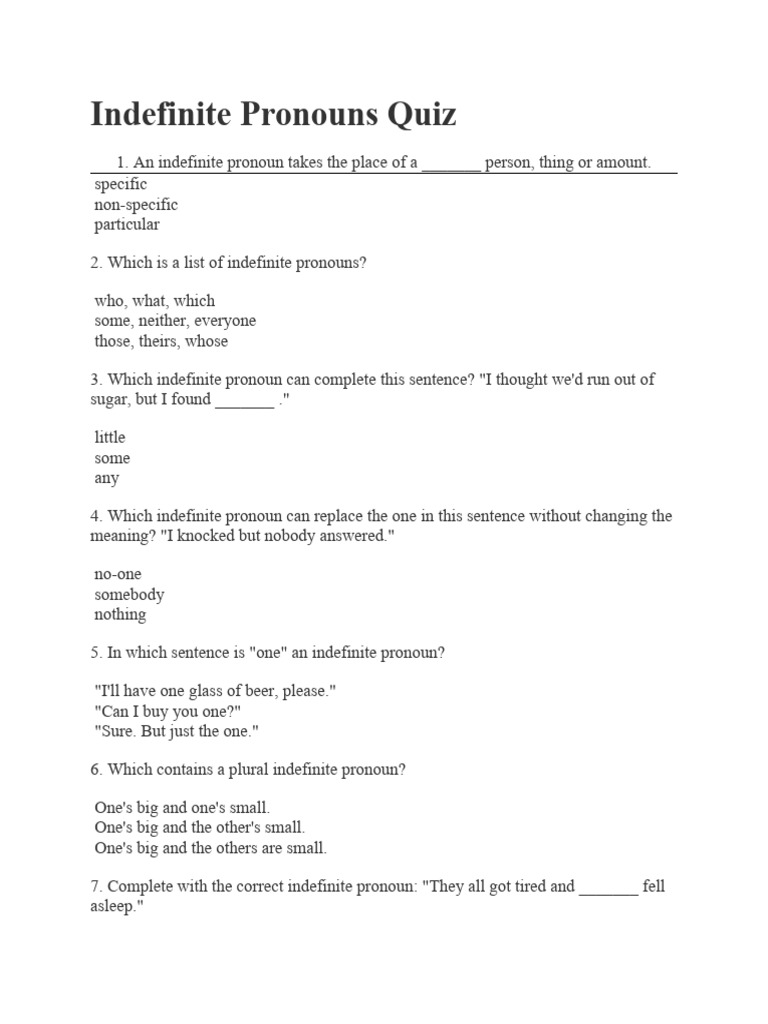 Indefinite Pronouns Quiz | PDF | Language Arts & Discipline | Self ...