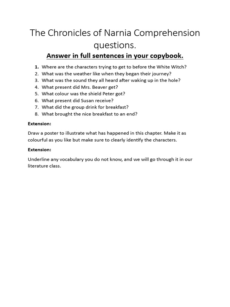 Narnia Chapter 10 Comprehension Questions | PDF | General Fiction