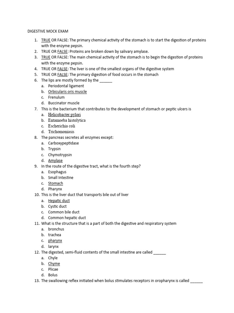 Digestive Mock Exam Pdf Digestion Human Digestive System