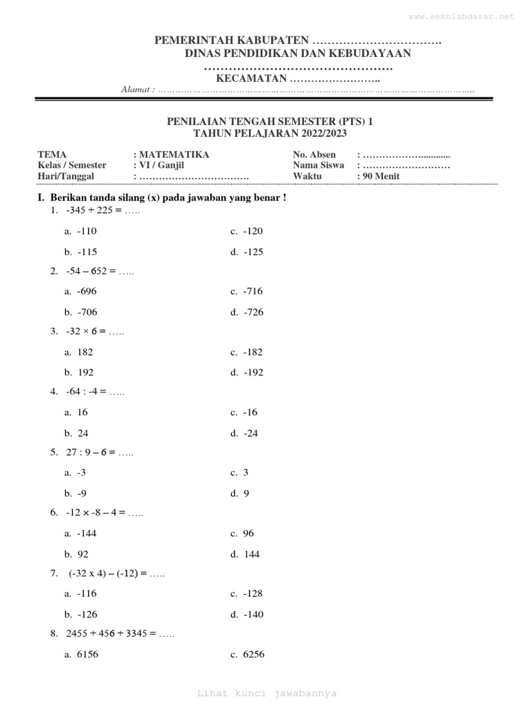 Soal Penilaian Tengah Semester 1 Kelas 6 Matematika | PDF | Metode & Bahan Ajar