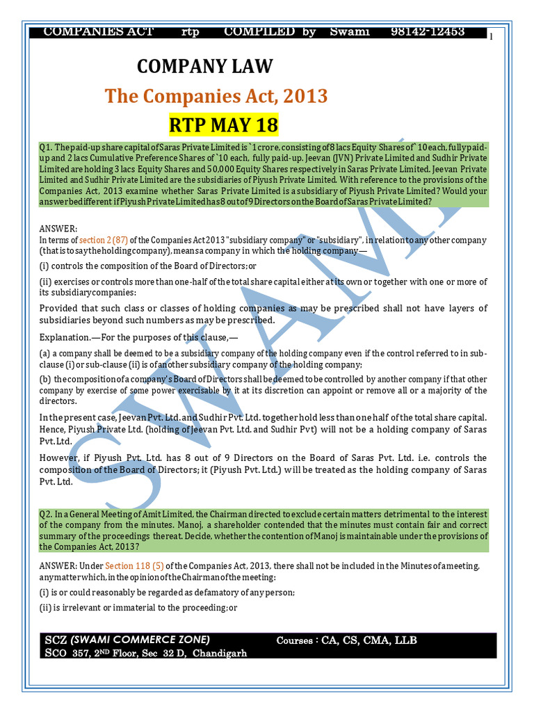 Company Law RTP Compilation Question Bank | PDF | Stocks | Dividend