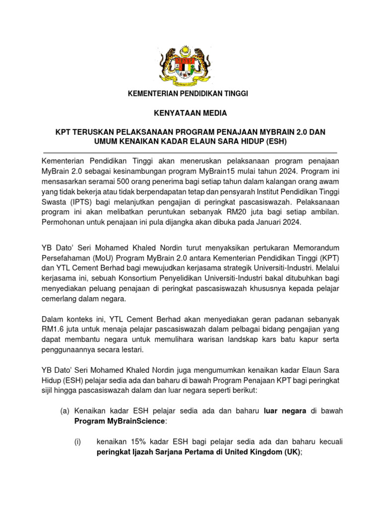 2023 10 31 Kenyataan Media MyBrain 2.0 Dan Kenaikan Kadar Elaun Sara Hidup | PDF