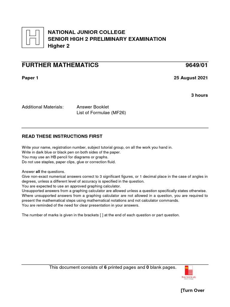 NJC FM 2021 Prelim Paper 1 | PDF | Mathematics | Mathematical Objects