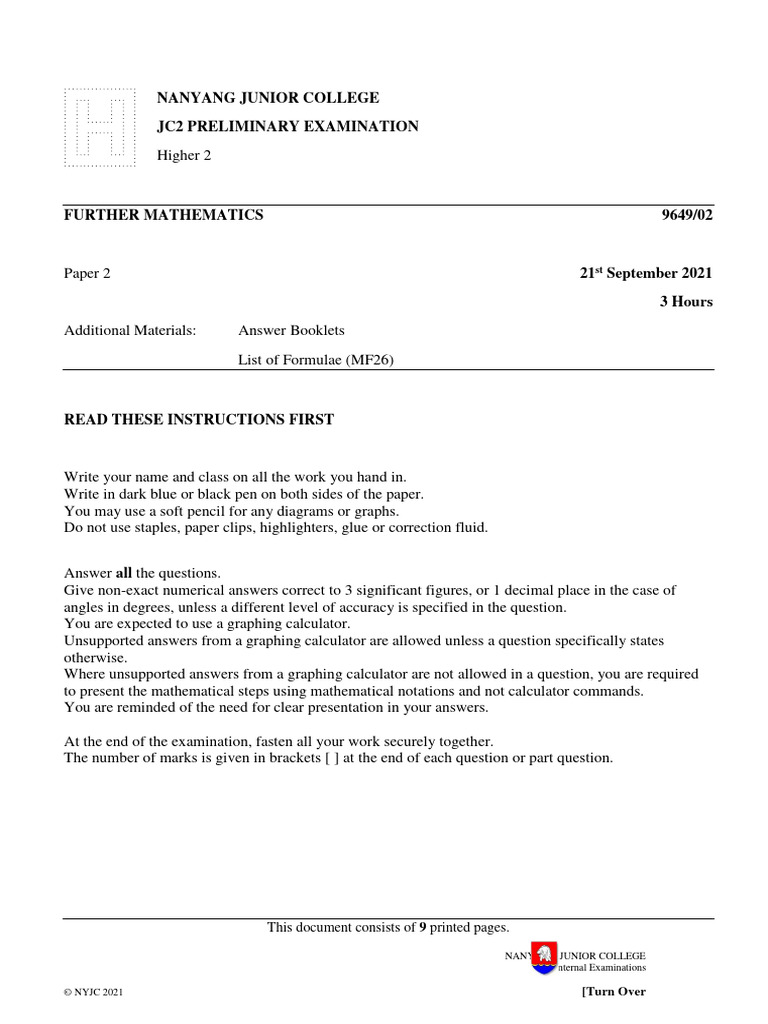 NYJC JC2 Further Mathematics Exam 2021 | PDF | Statistical Hypothesis ...