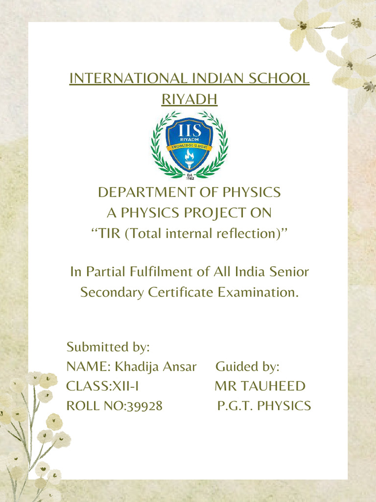 Physics Project On Tir Class 12 | PDF | Optical Fiber | Refraction