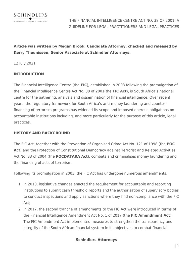 The Financial Intelligence Centre Act No. 38 of 2001 - A Guideline For ...