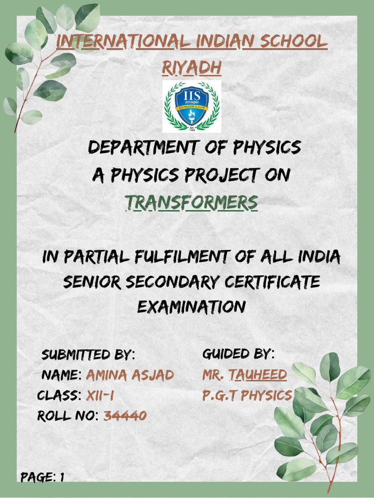 Physics Project On Transformers Class 12 Pdf Transformer Inductor