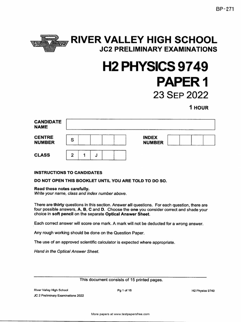 2022 River Valley Physics Prelim Paper | PDF