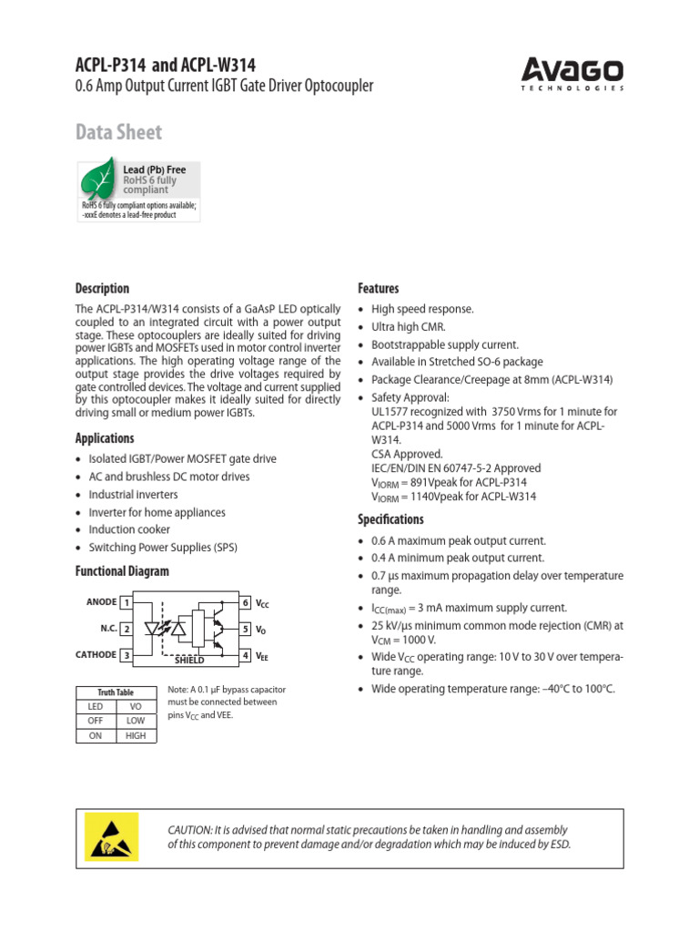 Data Sheet: ACPL-P314 and ACPL-W314 | PDF | Power Inverter | Electronic Engineering