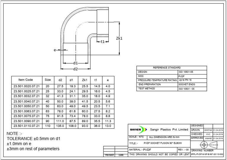 PVDF Socket Fusion 90° Elbow Rev.01 - DRG - No-02 | PDF | Mechanical ...