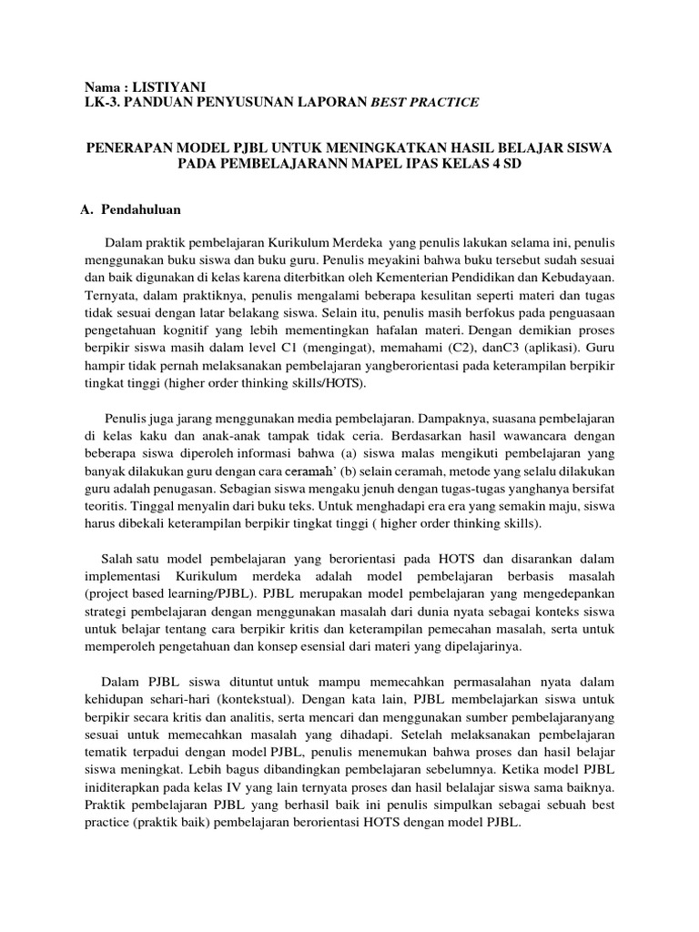 LK. 3.1 Penyusunan Hasil Best Practice Bu Lis FIX | PDF