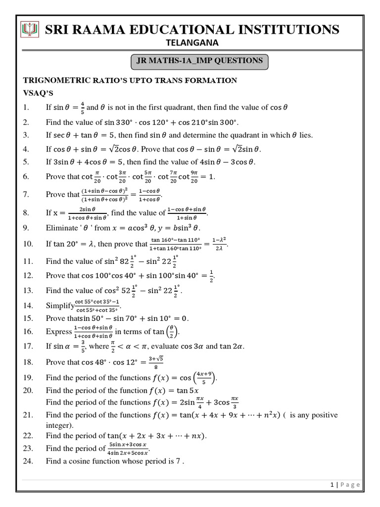 JR MATHS-1A - IMP QUESTIONS - Final | PDF