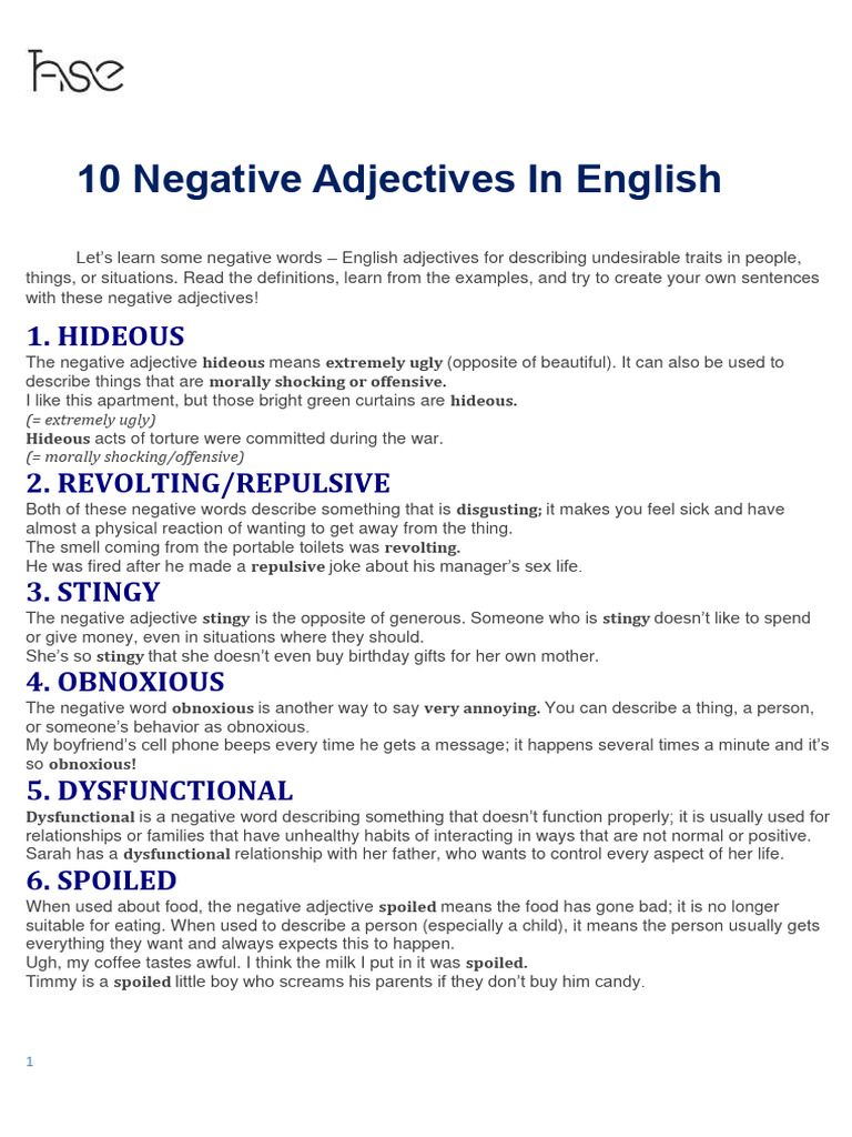 10 Negative English Adjectives | PDF | Social Psychology | Behavioural ...