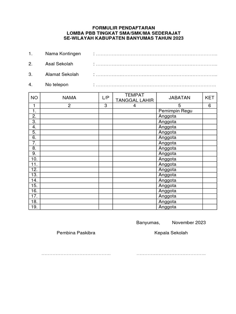 Formulir Lomba PBB SMA Banyumas 2023 | PDF