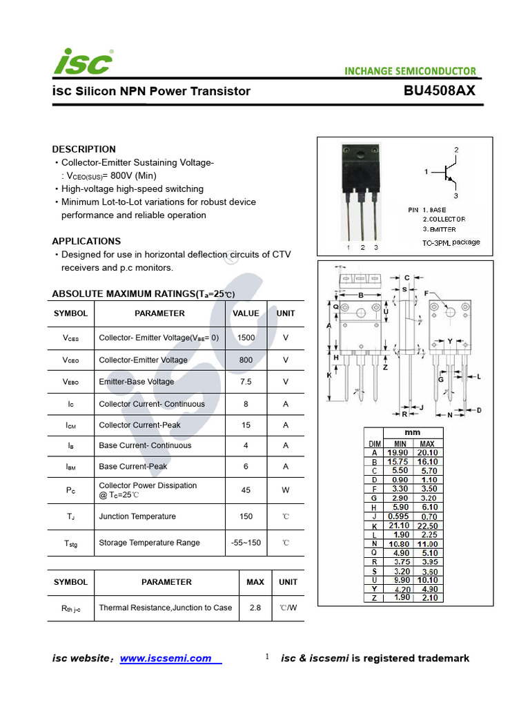 Bu 4508 Ax | PDF | Bipolar Junction Transistor | Electronics