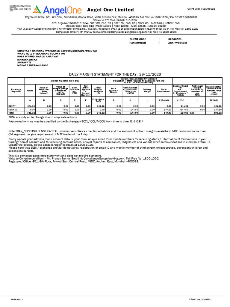 Angel One Limited: Daily Margin Statement For The Day: 29/11/2023 | PDF ...