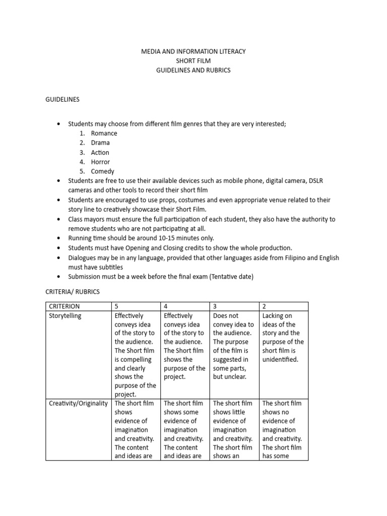 Short Film Guidelines and Rubrics | PDF | Games & Activities