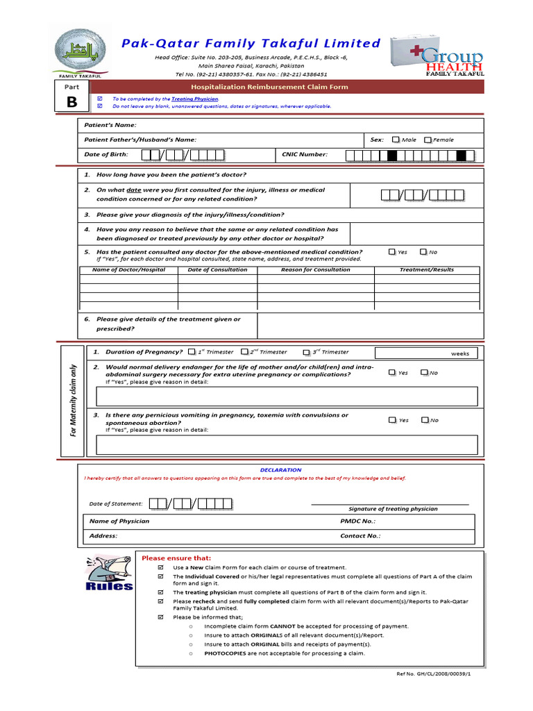 PQFT - Ipd Claim Form-B 2023 | PDF | Pregnancy | Childbirth