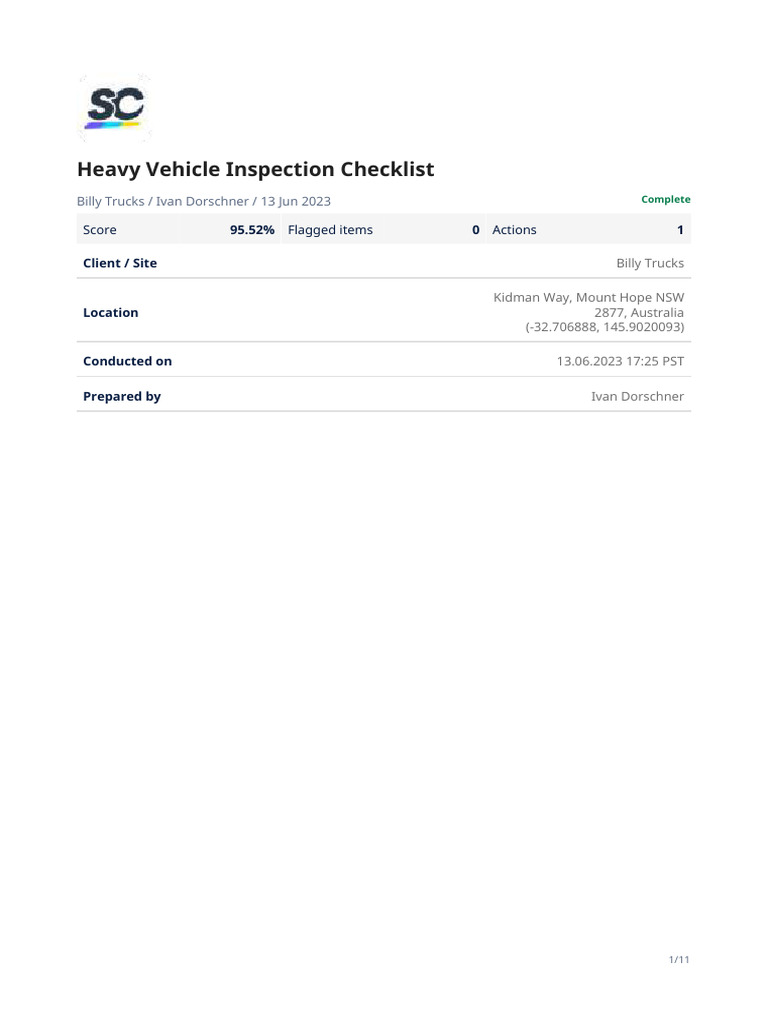 Heavy Vehicle Inspection Sample PDF Report SafetyCulture | PDF ...